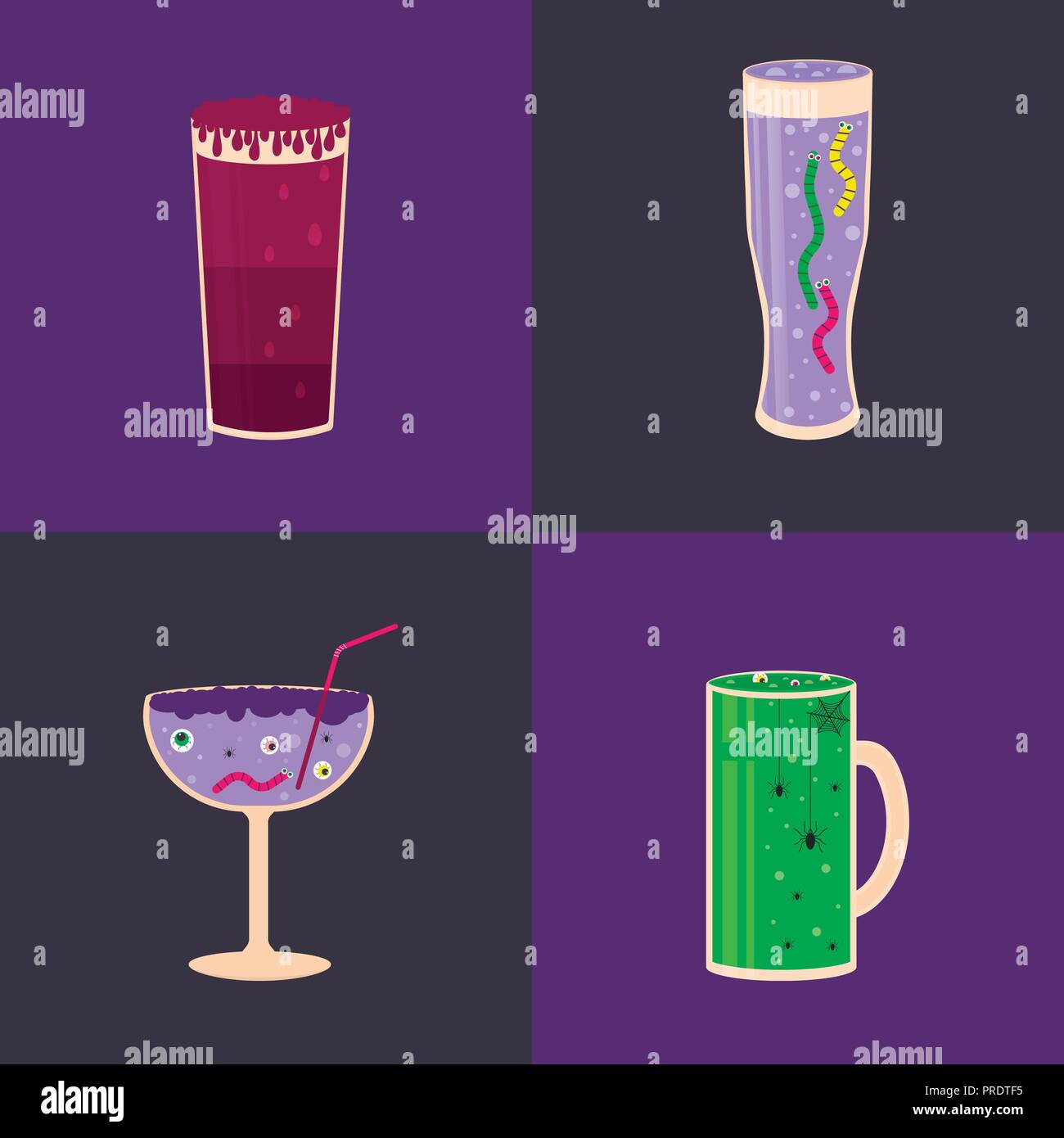 Set of Halloween cocktail icons, spooky drinks with eyeballs, spider ...