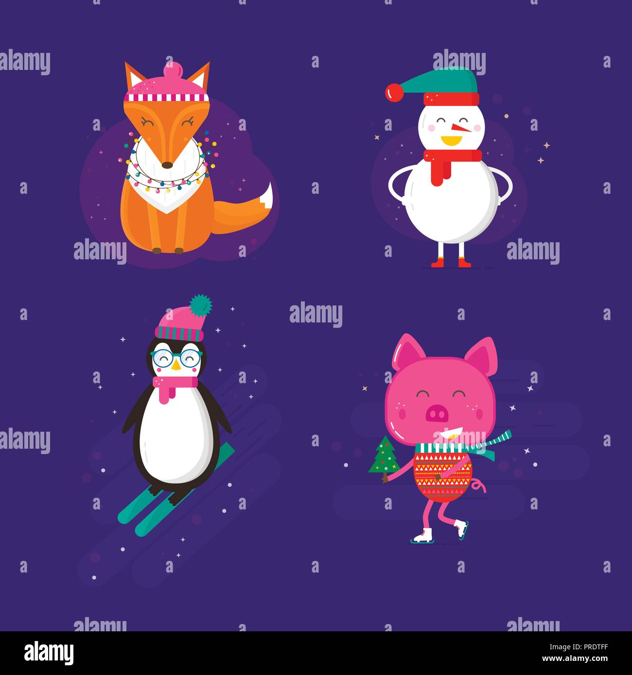 Merry Christmas greeting card with cute animals: pig, reindeer, penguin ...