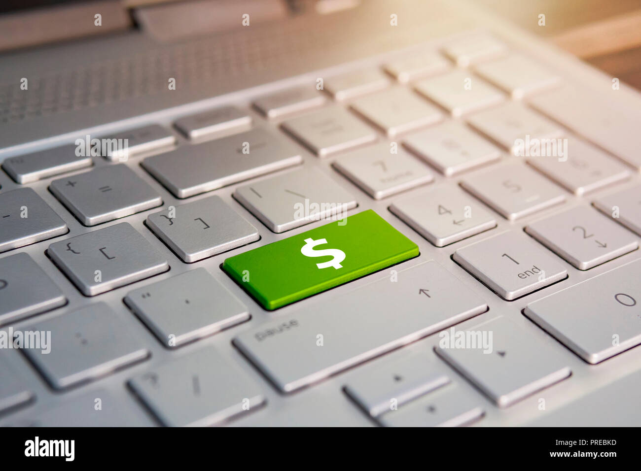 Closeup of computer keyboard with dollar button. Color button on the ...