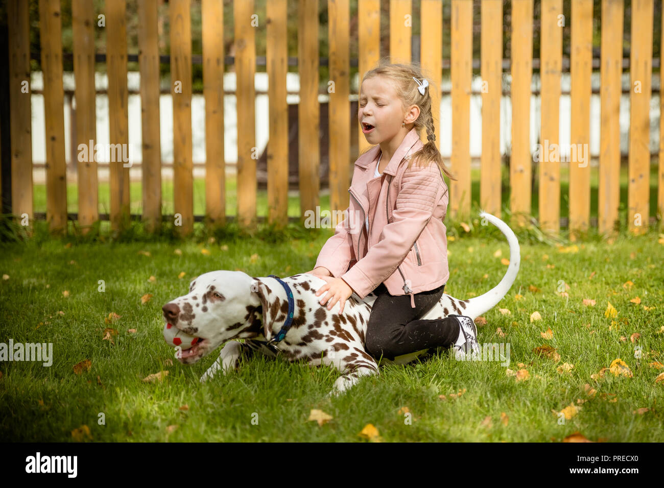 smiling, singing little girl hugging a big dog in meadow,games outdoor ...