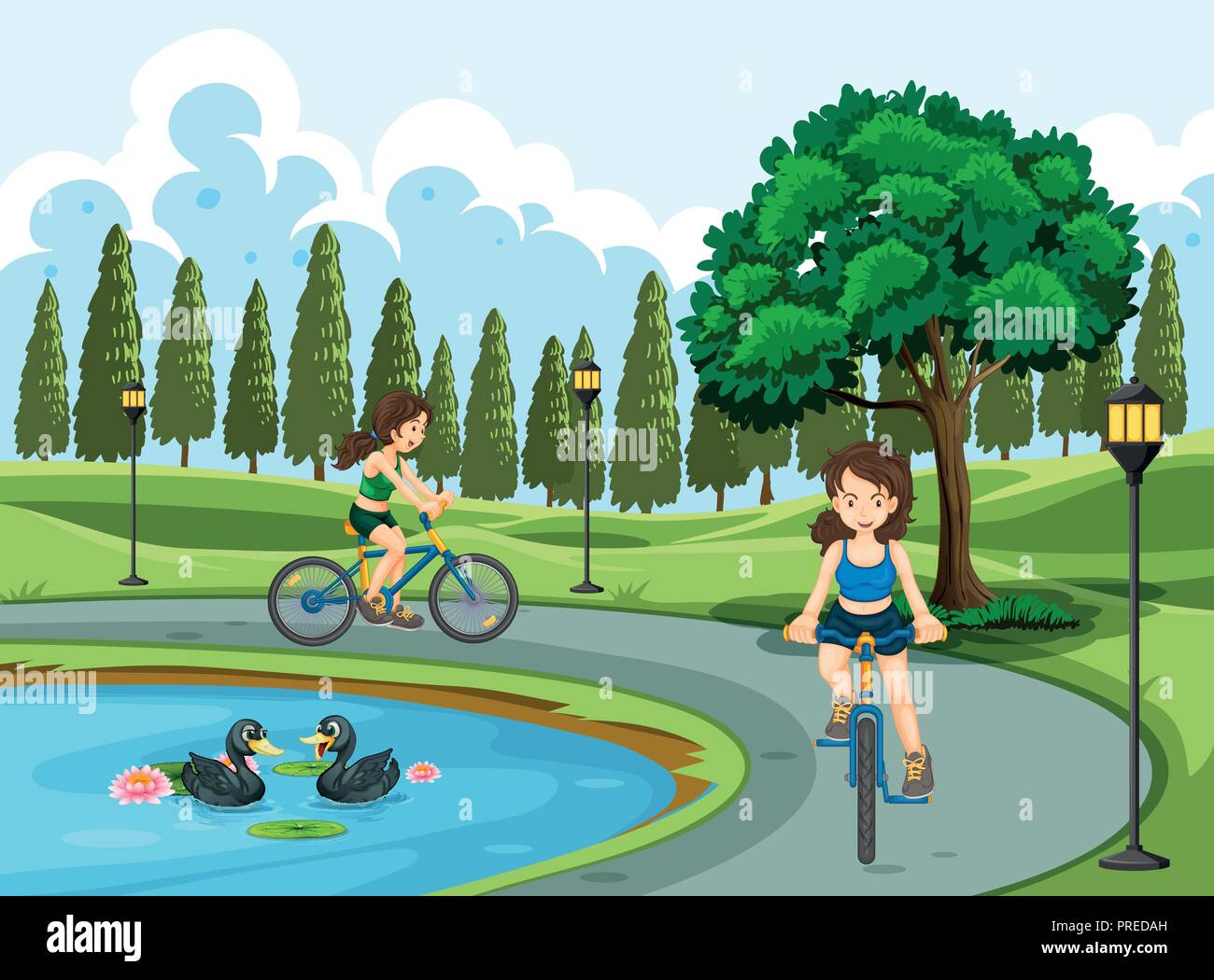 Young girls riding bicycle illustration Stock Vector Image & Art - Alamy