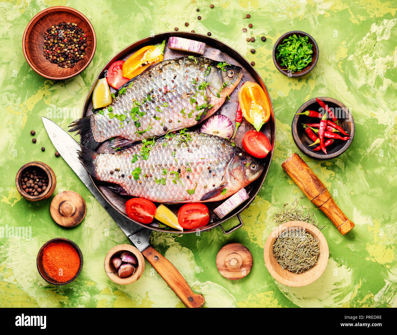Fish with herbs, spices and vegetables - healthy food.Dietary food ...