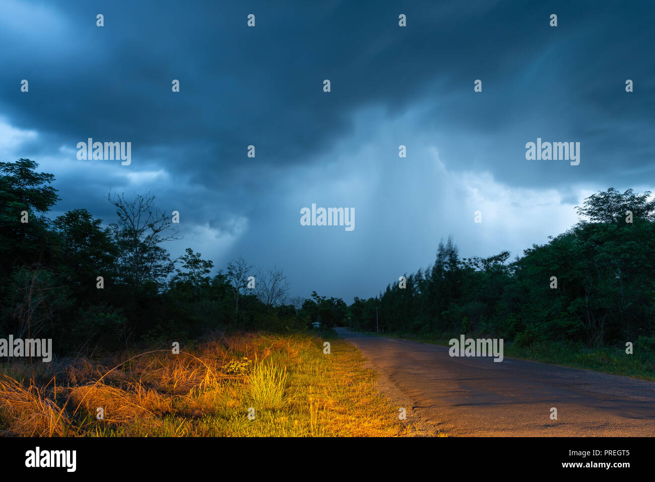 The road that leads to the falling rain from the thick Nimbus cloud ...