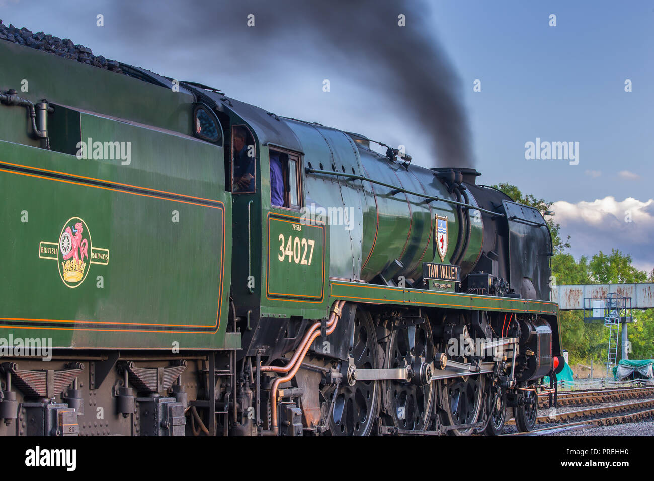 Side view of vintage UK steam locomotive 34027 Taw Valley & tender ...