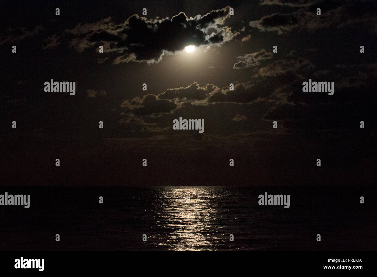 Full moon in a cloudy night sky reflecting moonlight on sea, portrait ...