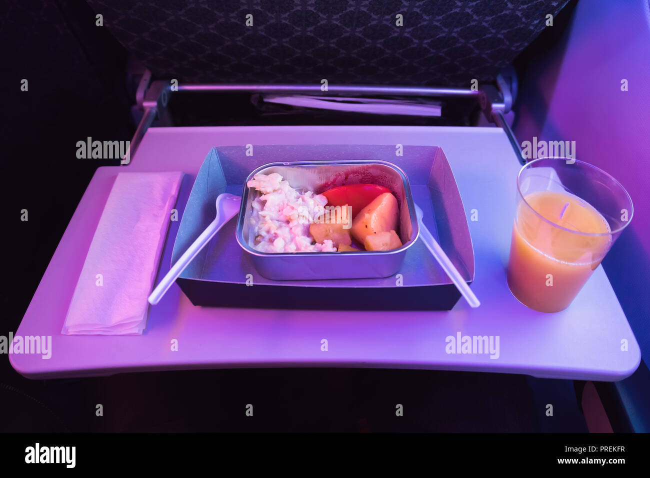 meal in Economy Class Airlines. Vegetarian Breakfast on Board Stock ...