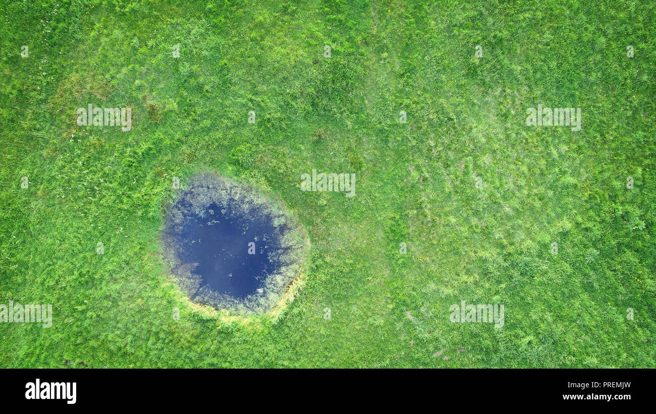 Aerial view from drone- small pond between spring meadow Stock Photo ...