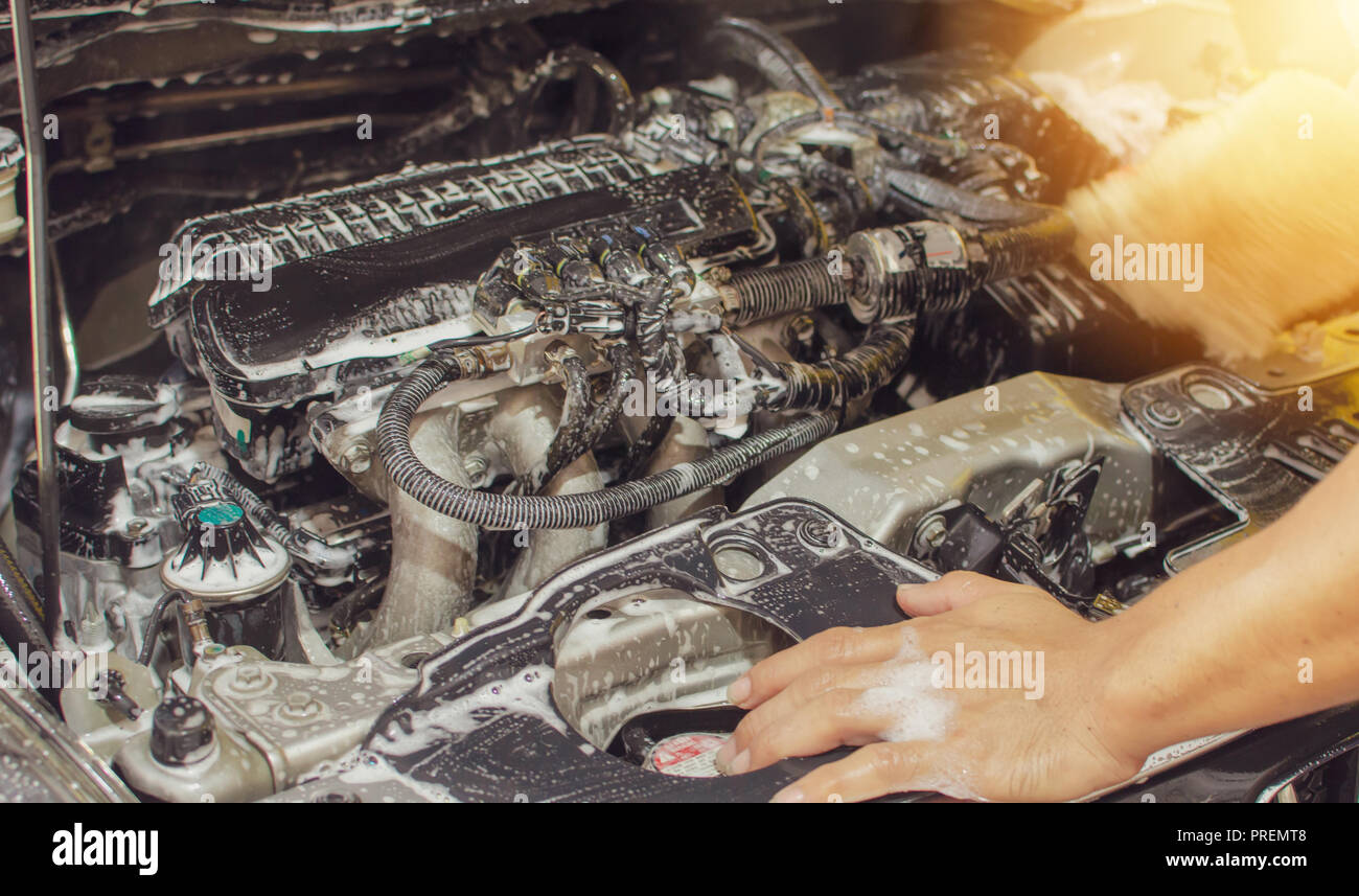 Engine, detailed cleaning foam.car wash Stock Photo - Alamy