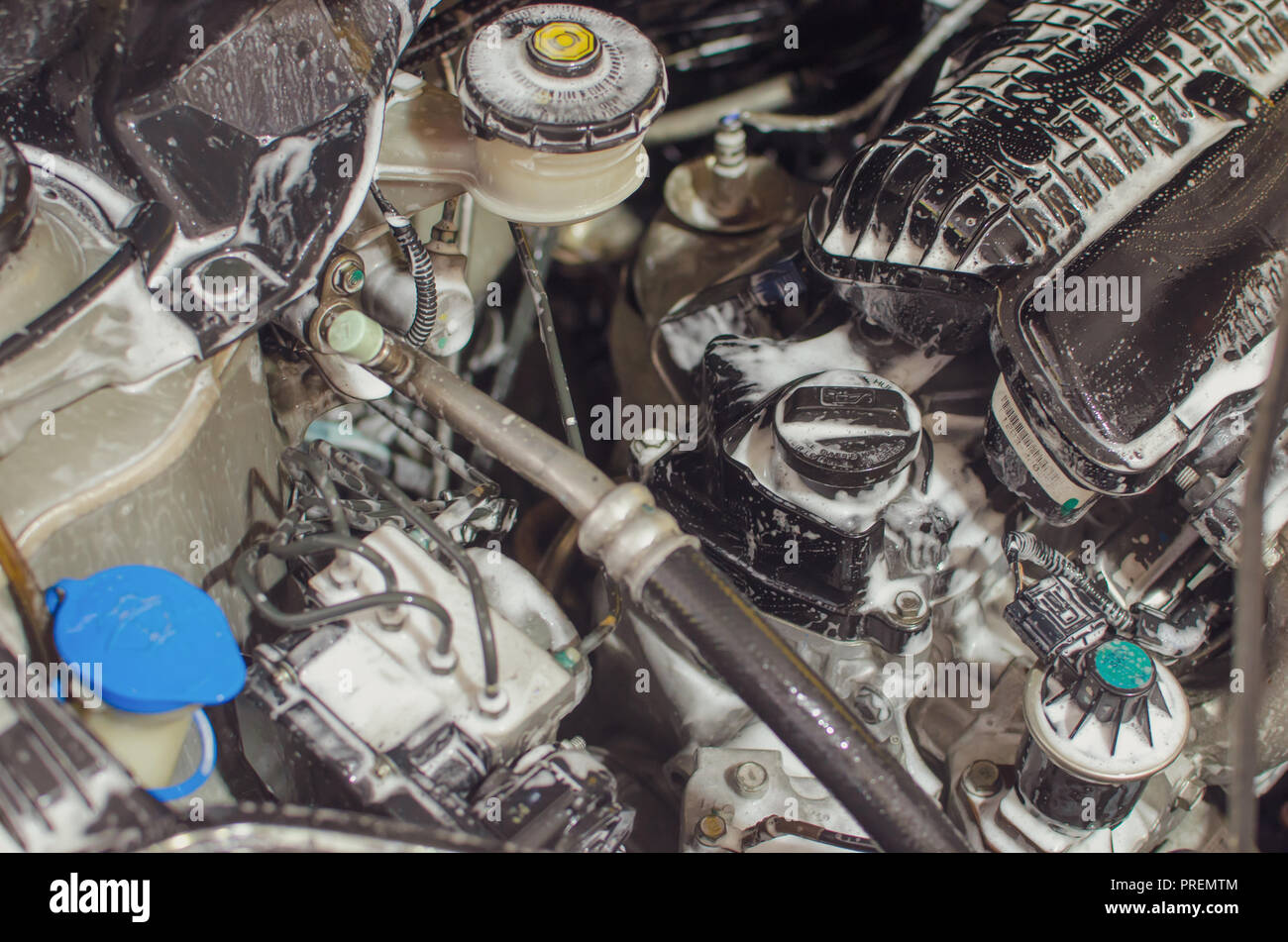 Engine, detailed cleaning foam.car wash Stock Photo - Alamy