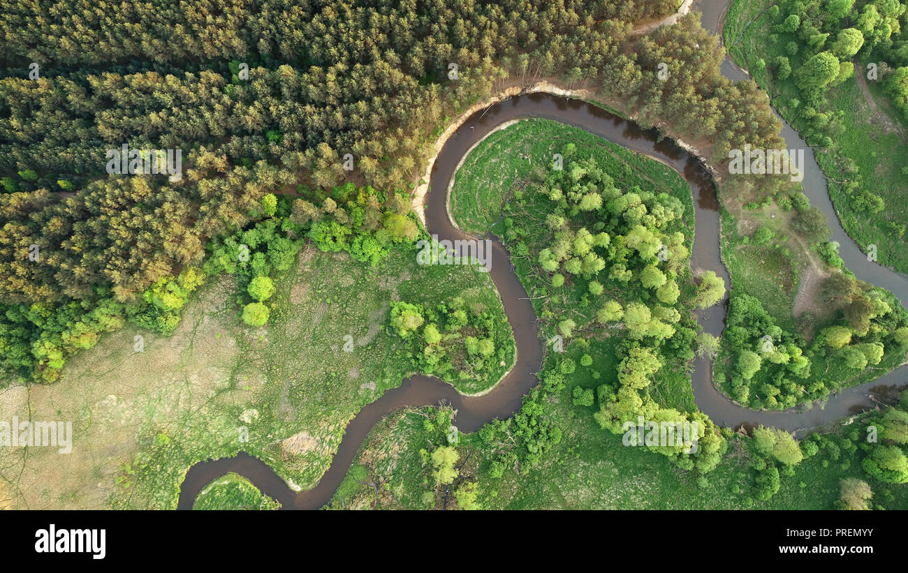 Aerial view of natural river in spring Stock Photo - Alamy