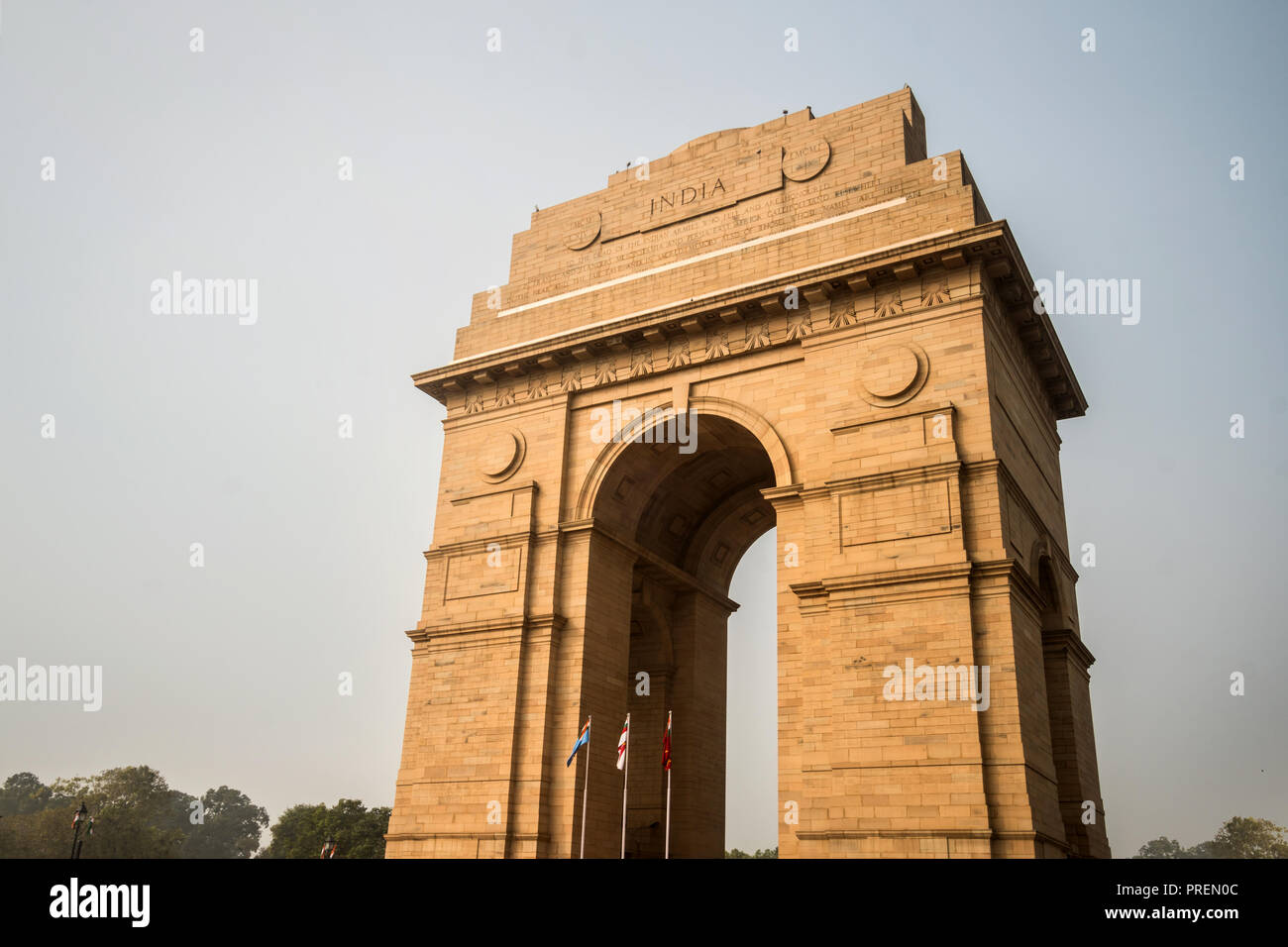 Dramatic angle view of the India Gate monument in New Delhi, India. A ...