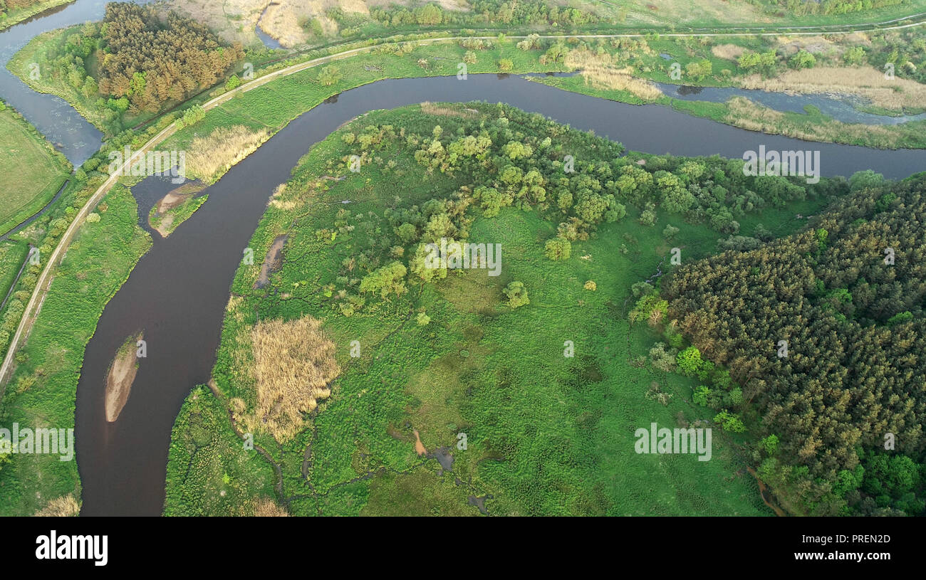 Aerial view of natural river in spring Stock Photo - Alamy