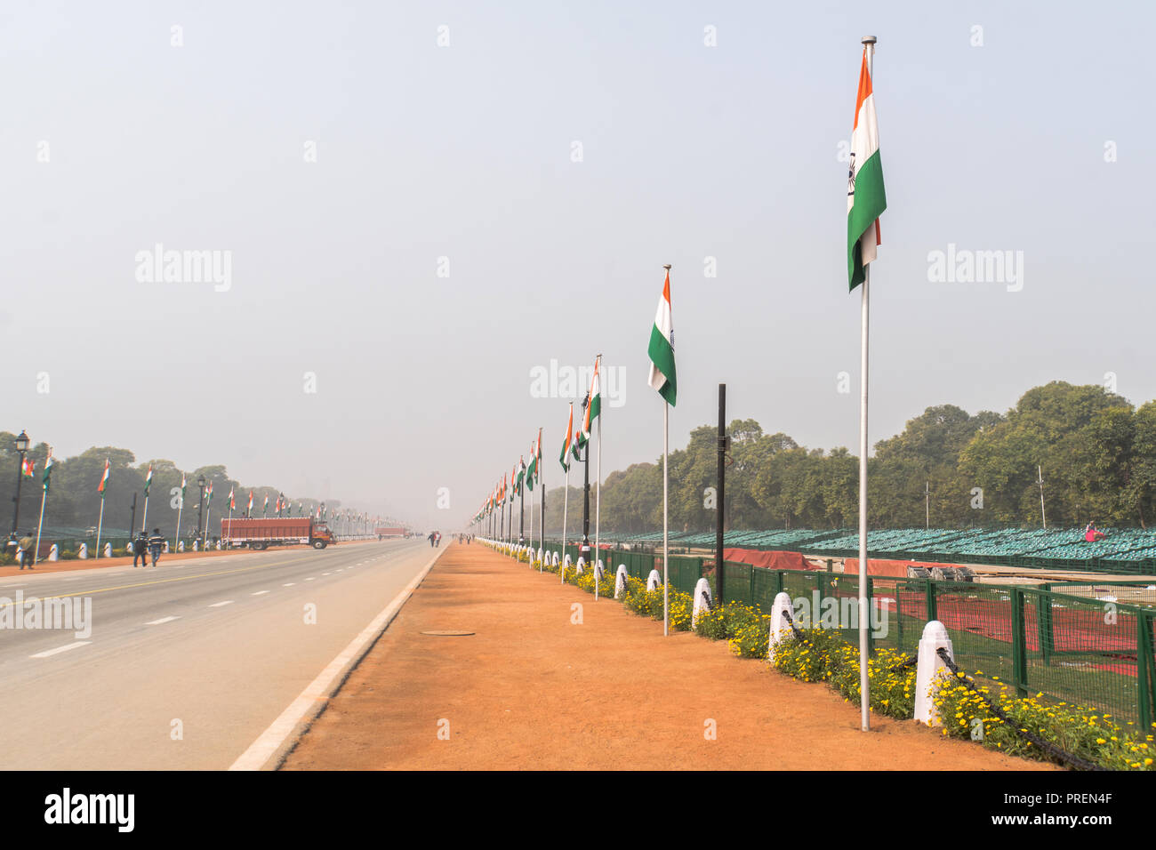 Street in new Delhi Rajpath road. India during the parade on the day of ...