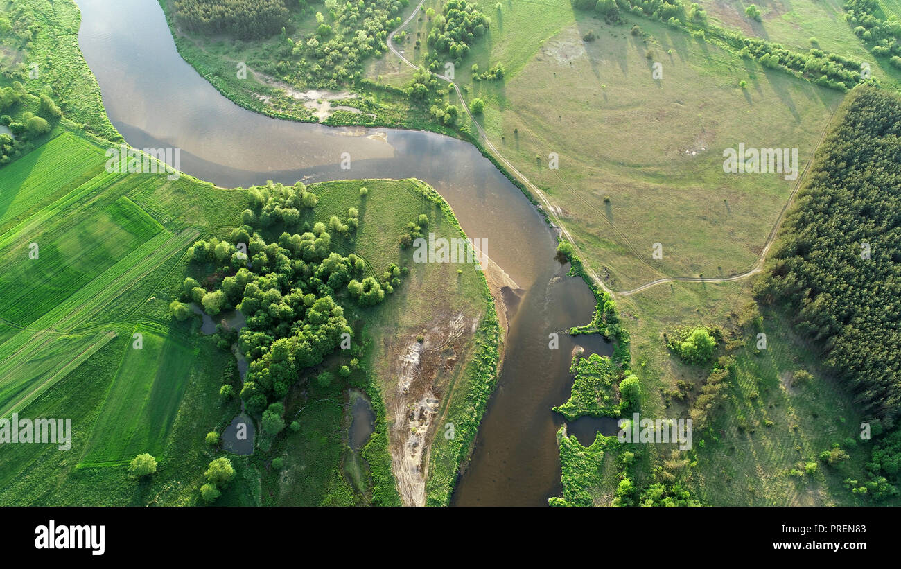 Aerial view of natural river in spring Stock Photo - Alamy