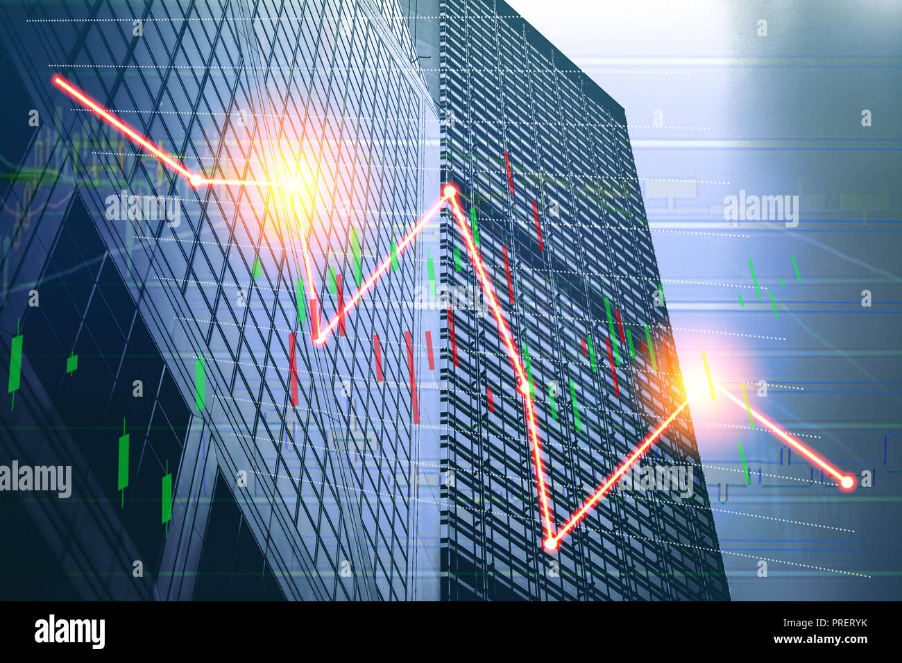 Composing with business building and stock chart (red bear chart on ...