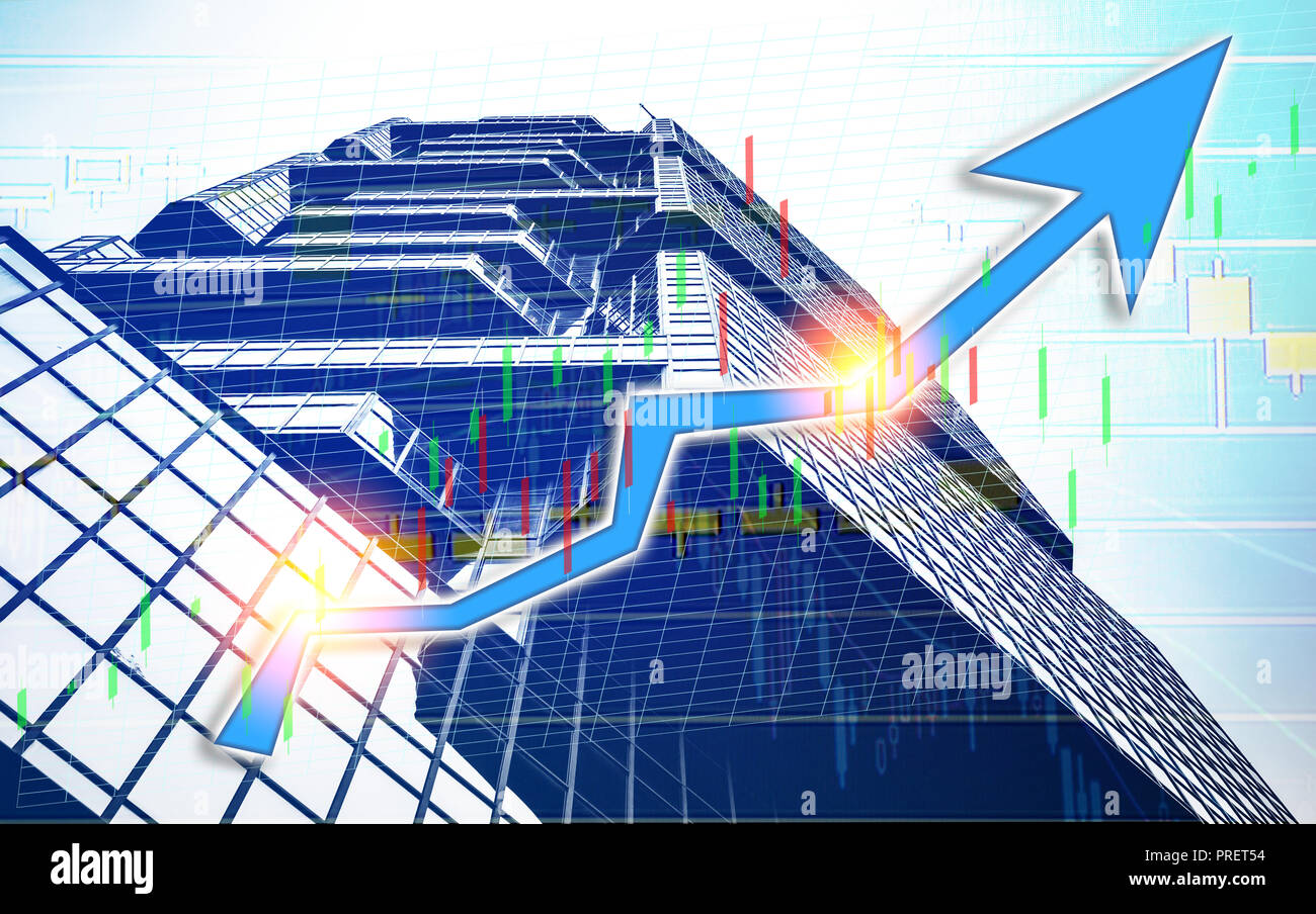 Hong Kong Office buildings with graph index of stock Market (blue bull ...