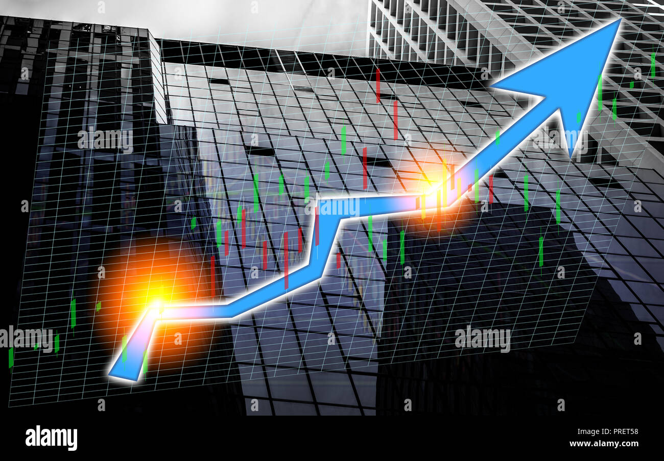 Hong Kong Office buildings with graph index of stock Market (blue bull ...