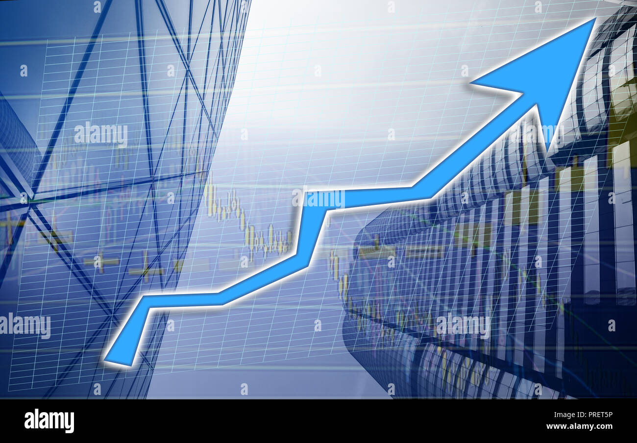 Hong Kong Office buildings with graph index of stock Market (blue bull ...
