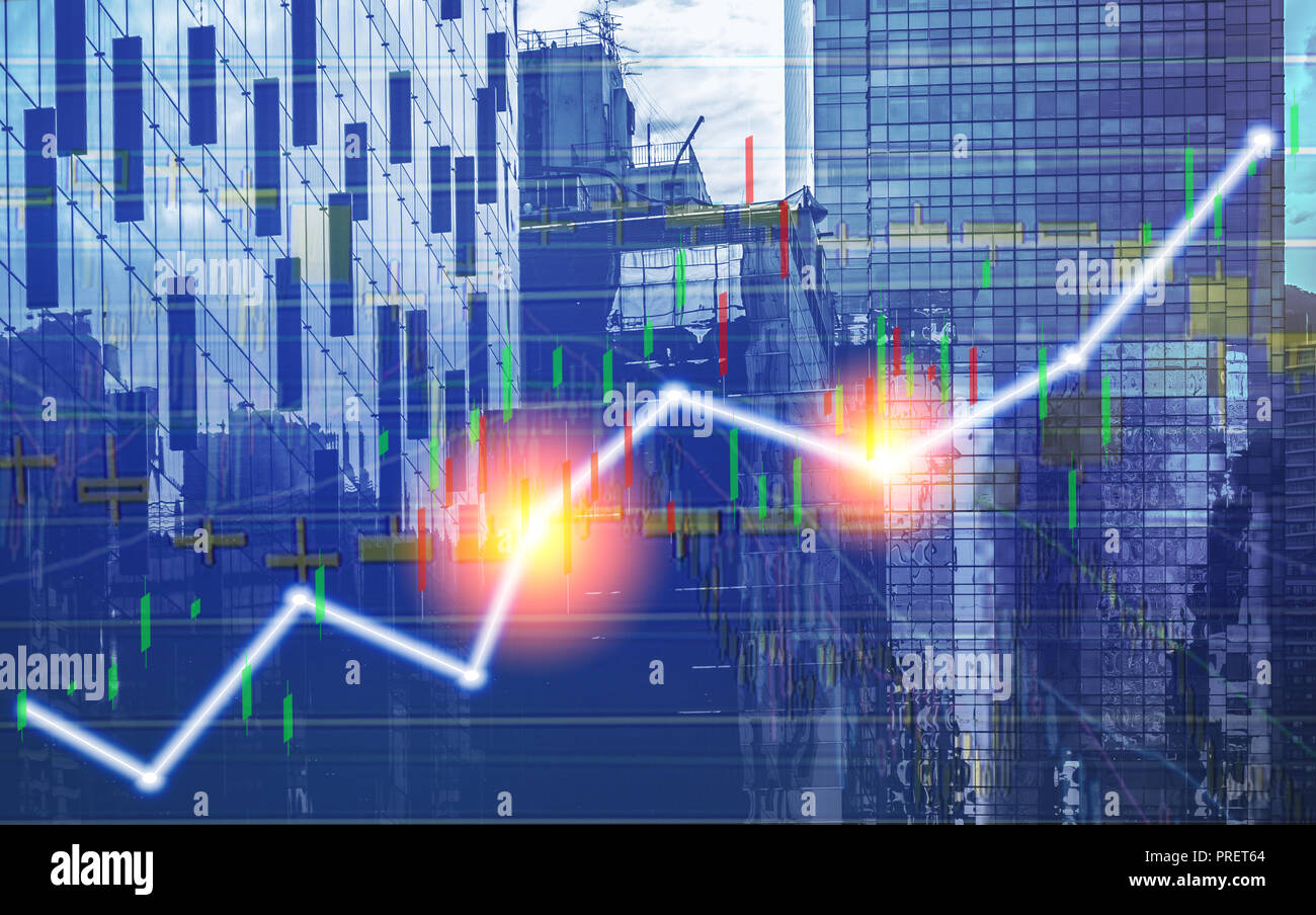 Hong Kong Office buildings with graph index of stock Market (blue bull ...