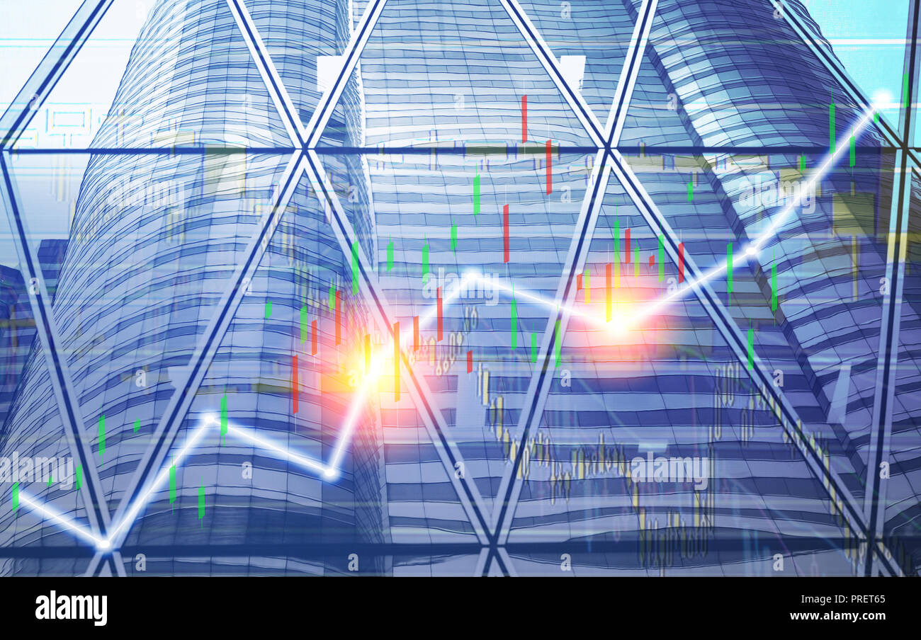 Hong Kong Office buildings with graph index of stock Market (blue bull ...