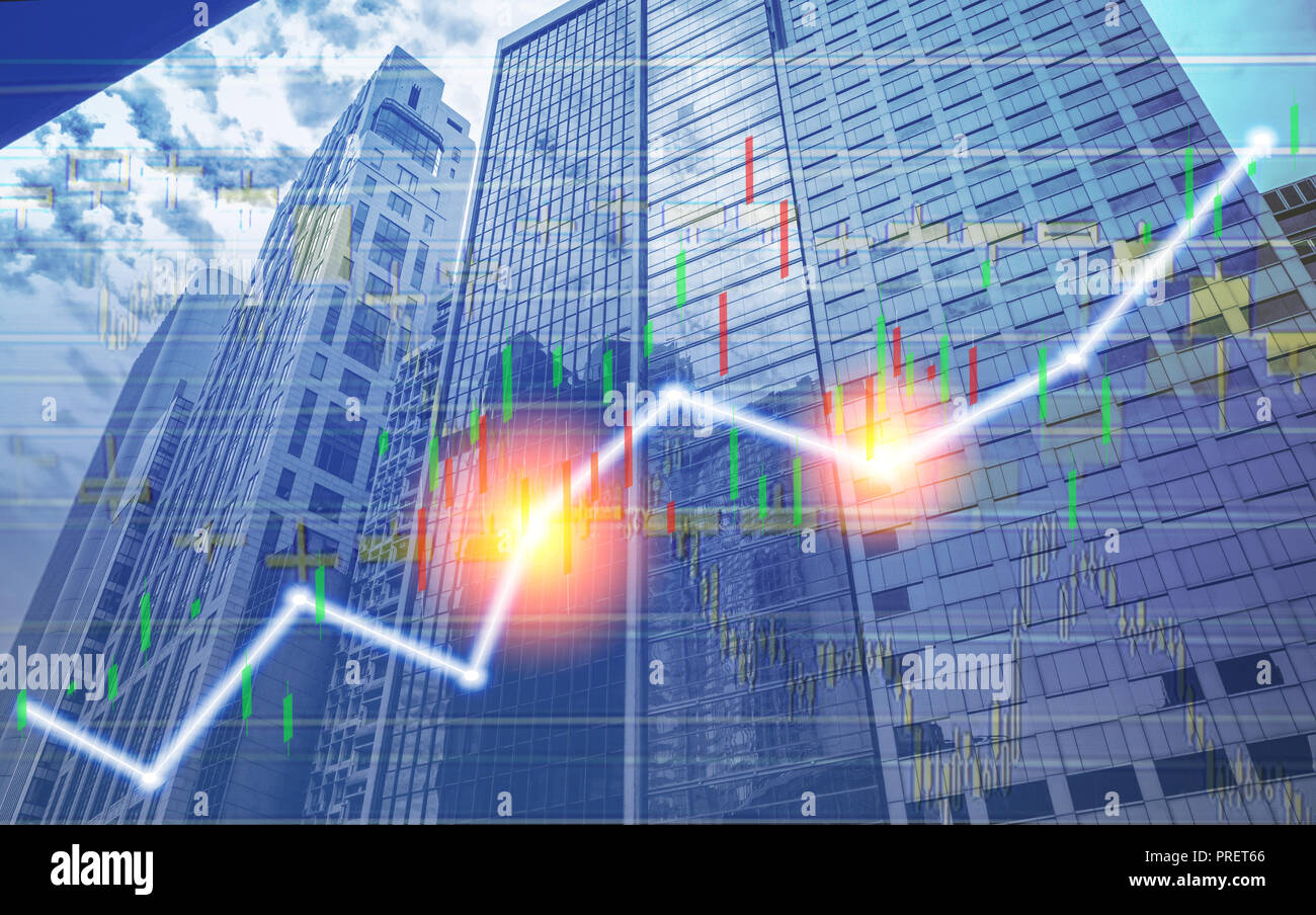 Hong Kong Office buildings with graph index of stock Market (blue bull ...