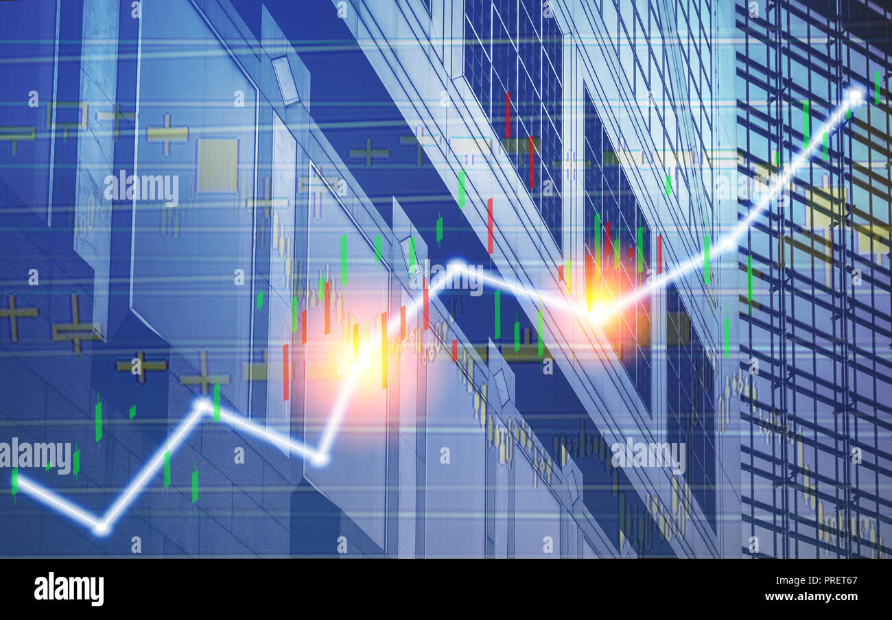 Hong Kong Office buildings with graph index of stock Market (blue bull ...