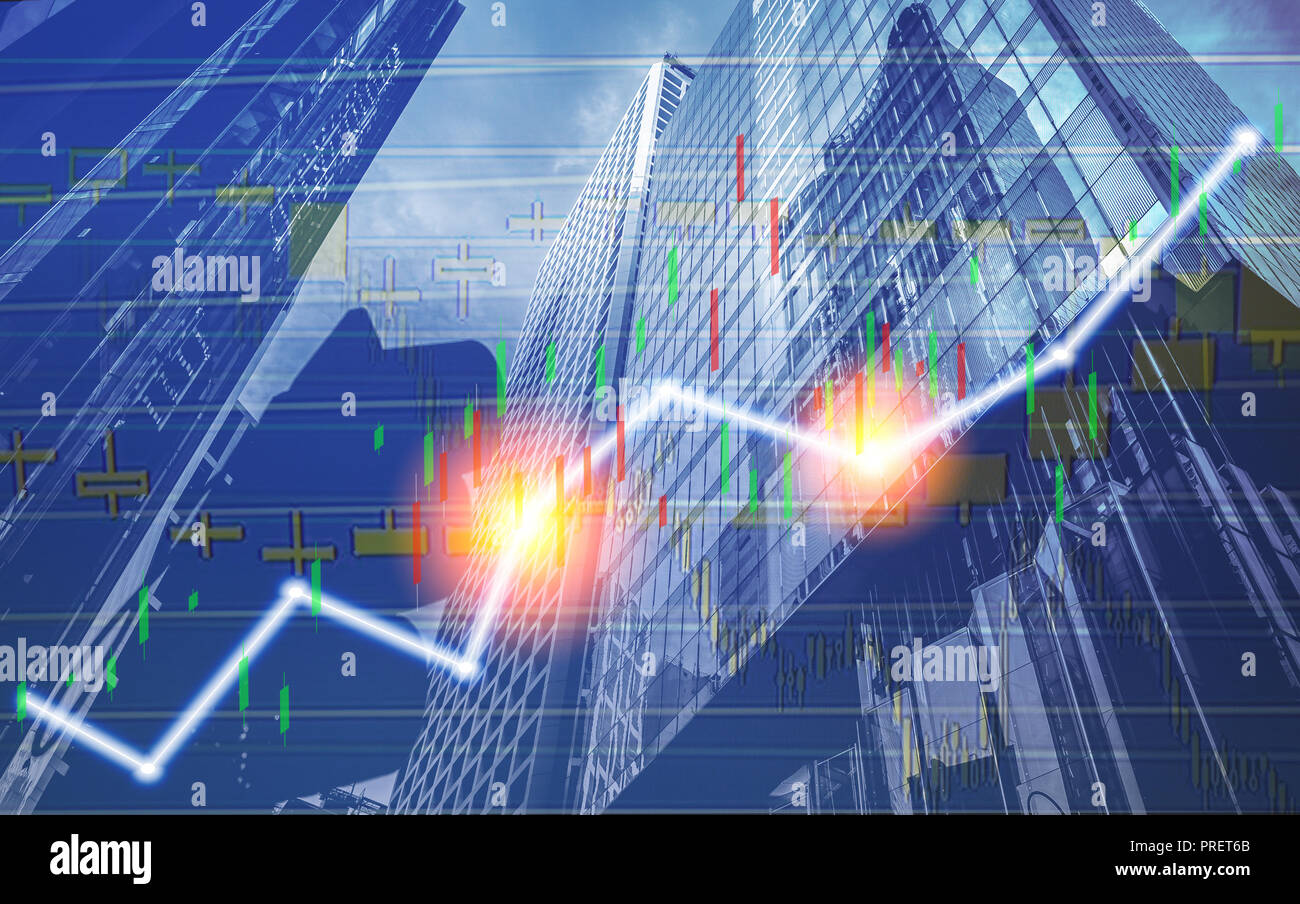 Hong Kong Office buildings with graph index of stock Market (blue bull ...