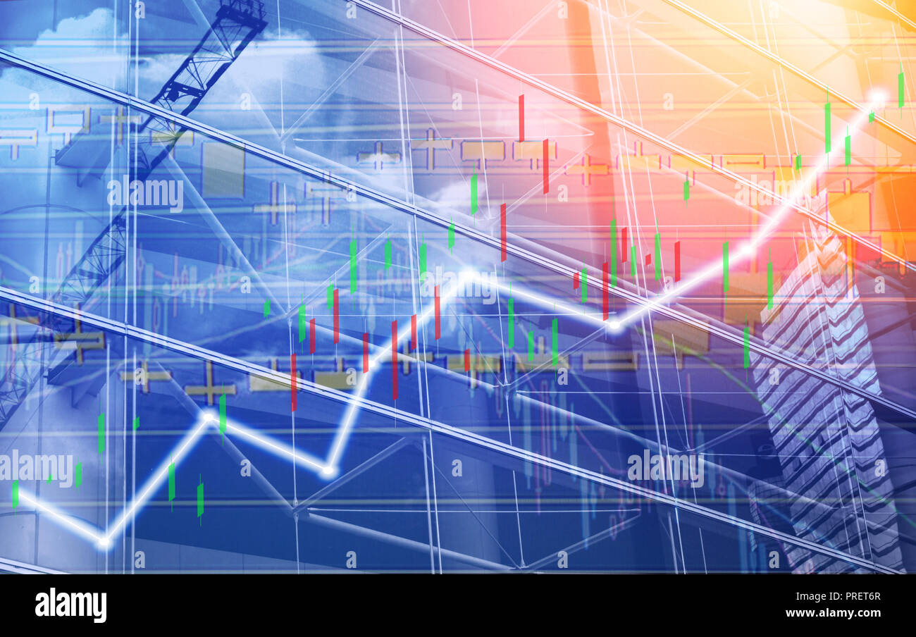 Hong Kong Office buildings with graph index of stock Market (blue bull ...
