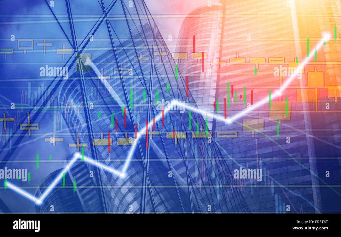 Hong Kong Office buildings with graph index of stock Market (blue bull ...
