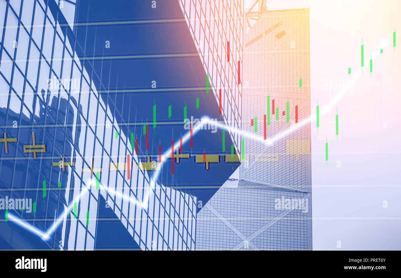 Hong Kong Office buildings with graph index of stock Market (blue bull ...