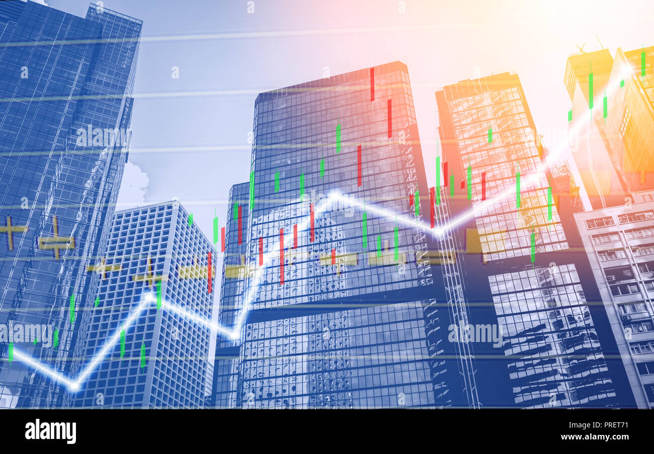 Hong Kong Office buildings with graph index of stock Market (blue bull ...