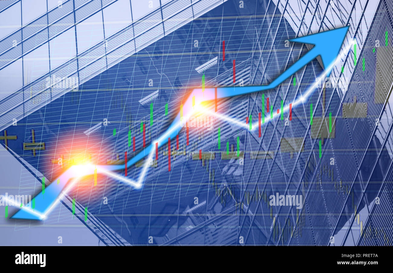 Hong Kong Office buildings with graph index of stock Market (blue bull ...