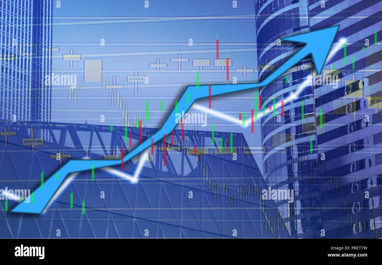 Hong Kong Office buildings with graph index of stock Market (blue bull ...