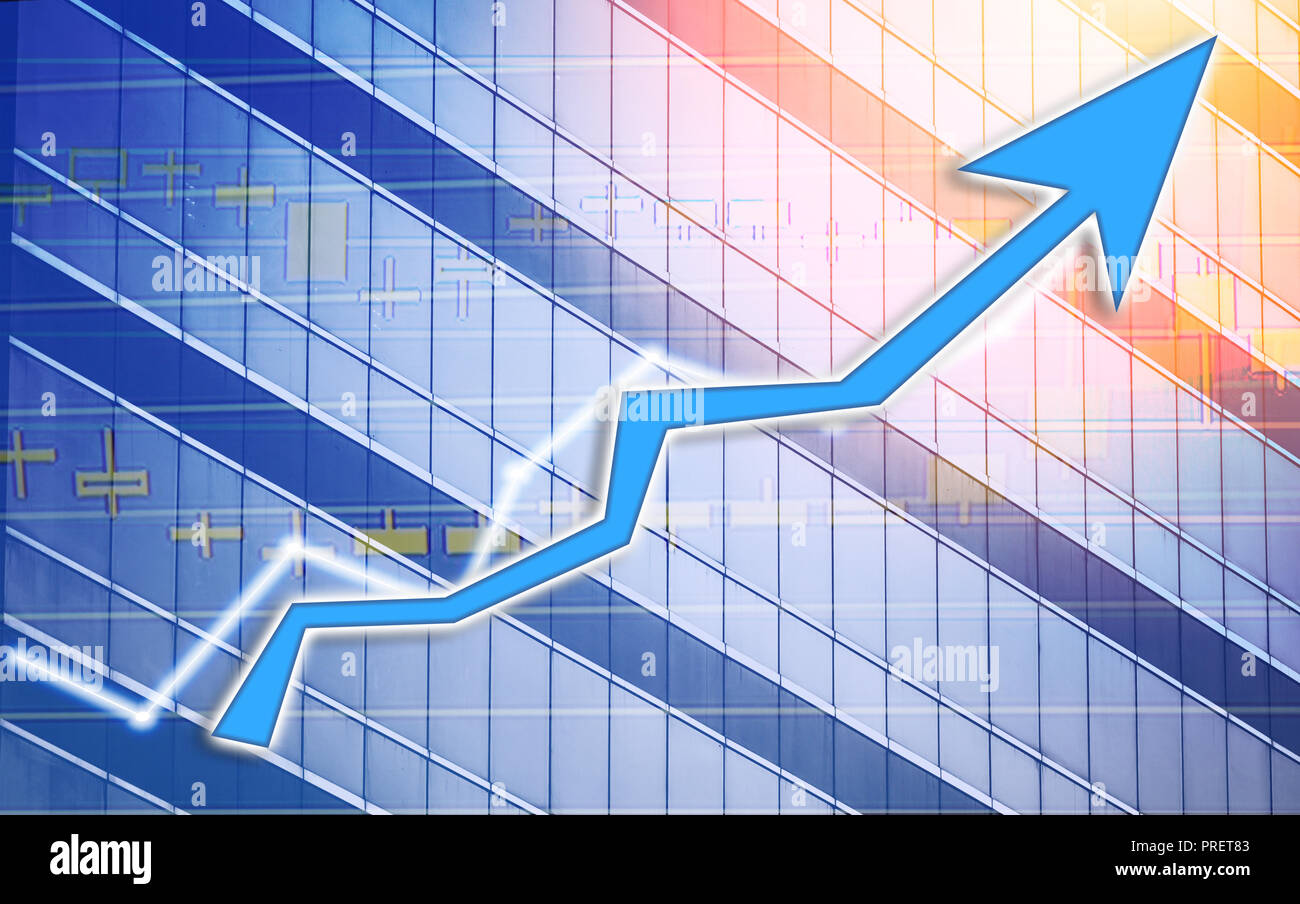 Hong Kong Office buildings with graph index of stock Market (blue bull ...