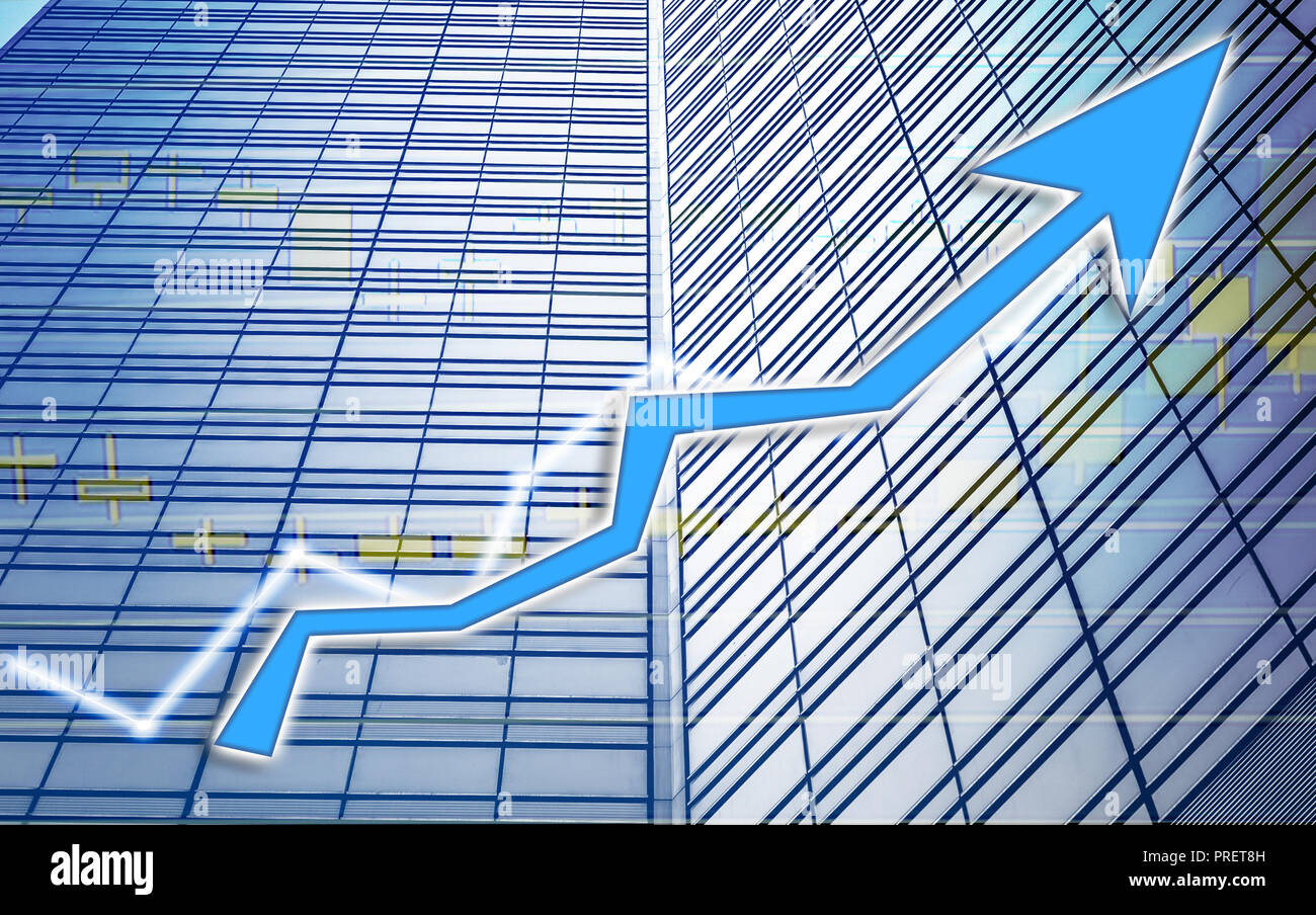 Hong Kong Office buildings with graph index of stock Market (blue bull ...