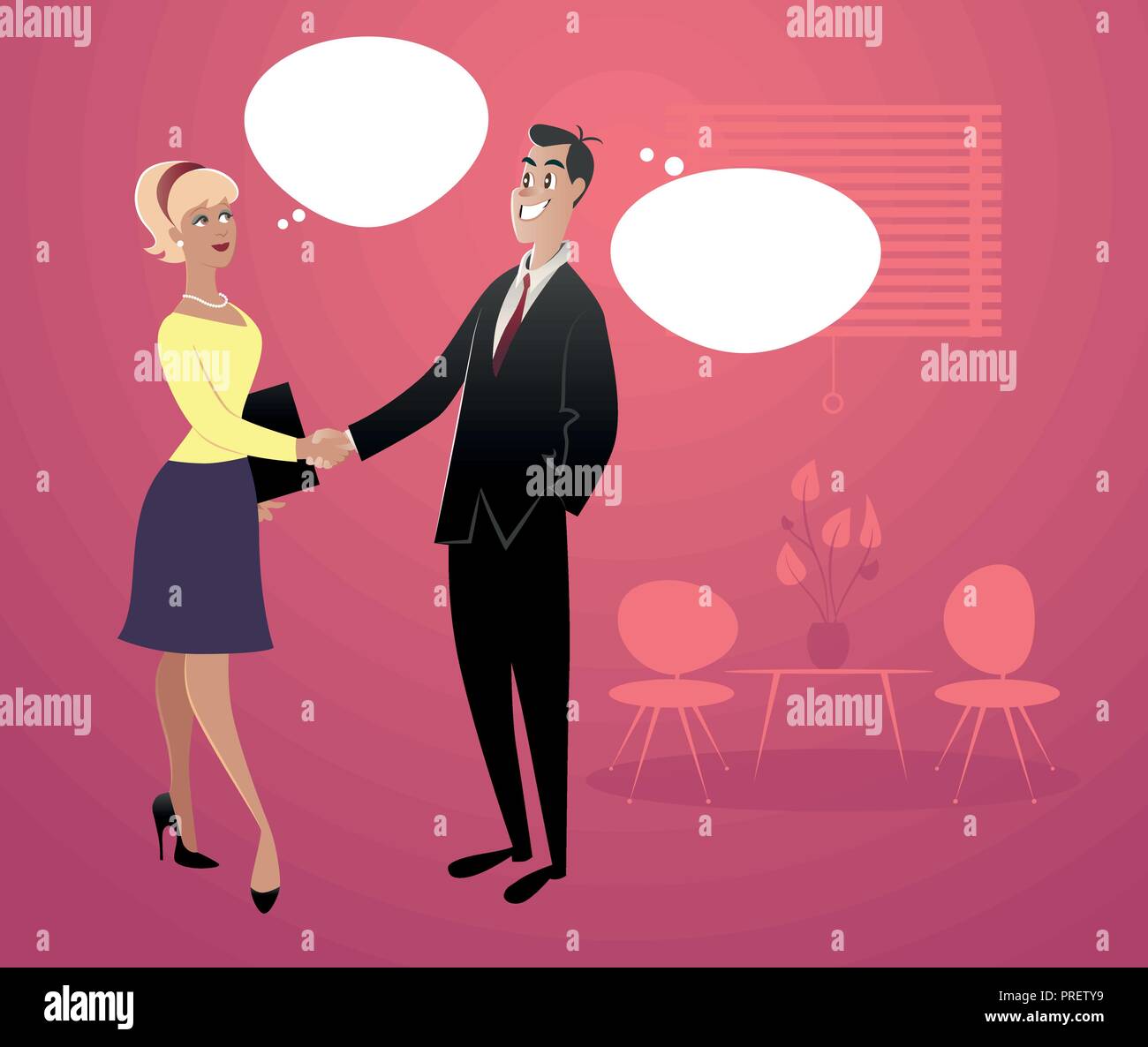 Businessman and businesswoman shaking hands and thinking balloons ...