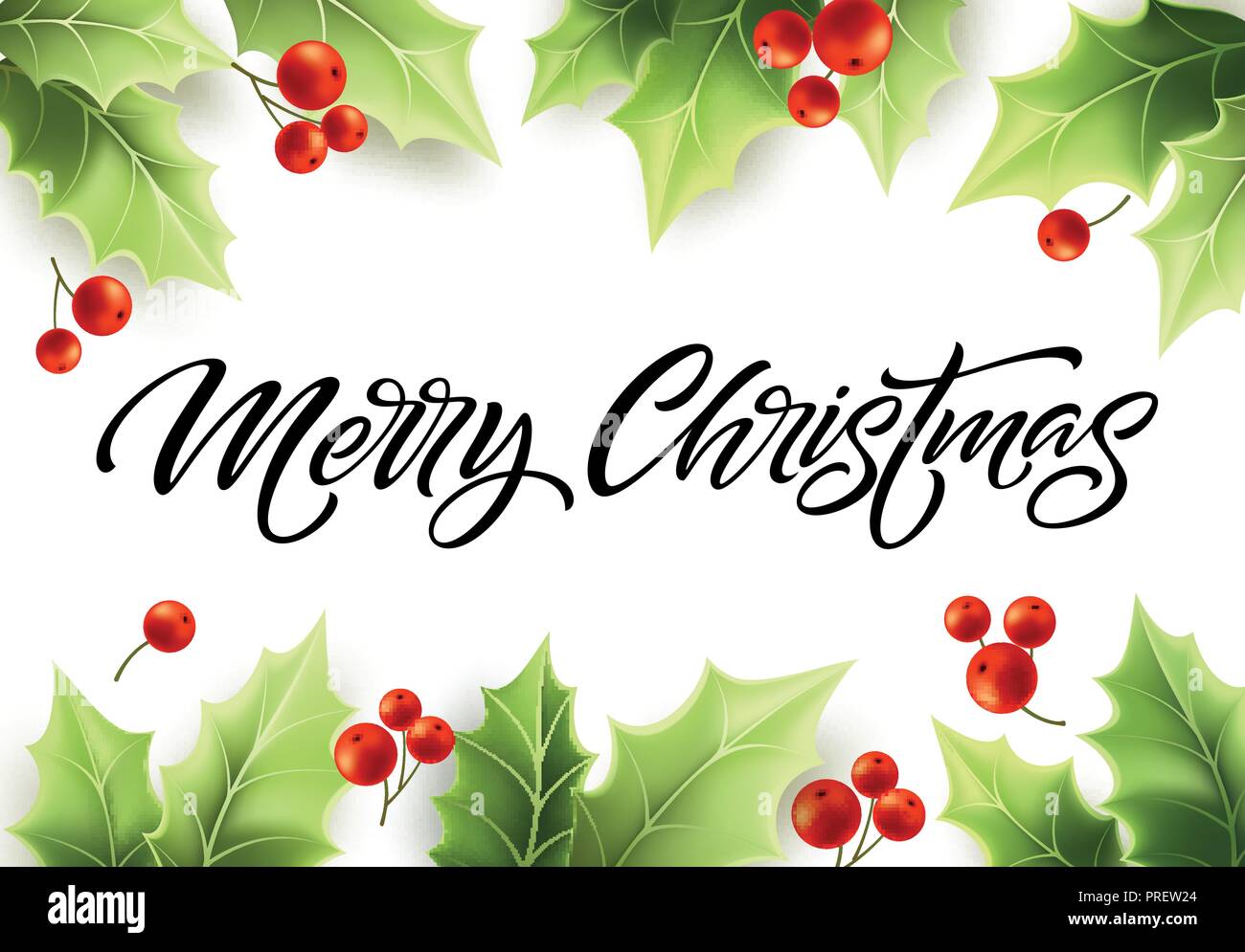 Merry Christmas hand drawn lettering in realistic mistletoe frame Stock ...