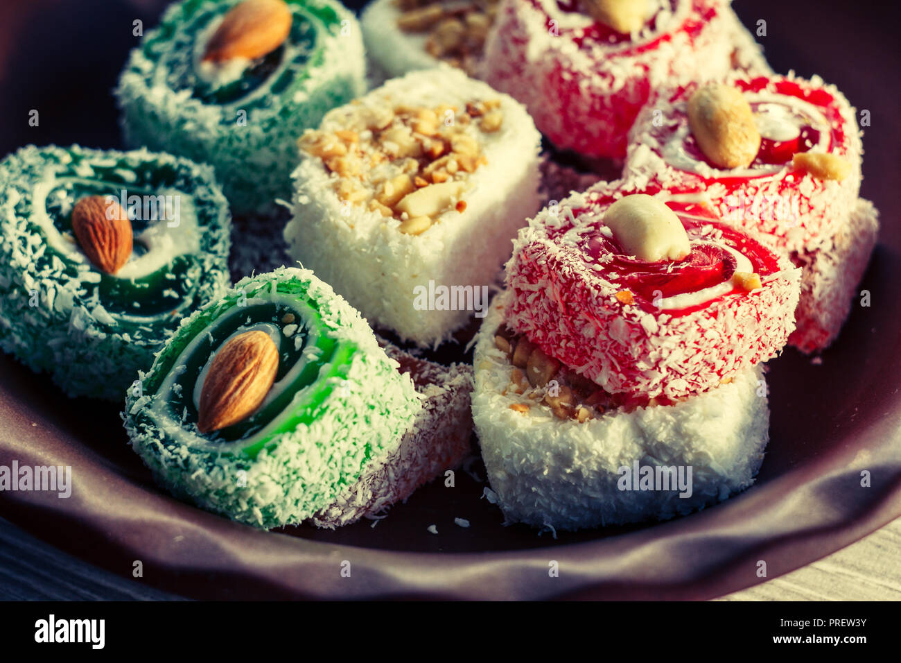 Turkish delight on clay plate. Close up view Stock Photo - Alamy