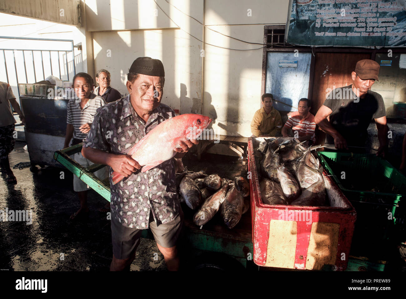 Man holds freshly caught fish at wet market in Manado, Indonesia Stock ...