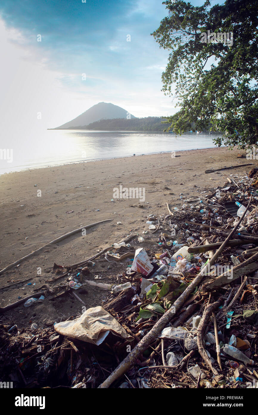 Plastic trash and other garbage on coastline of Bunaken Island ...
