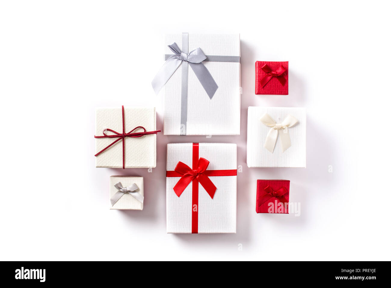 White and red gift boxes isolated on white background. Top view Stock ...