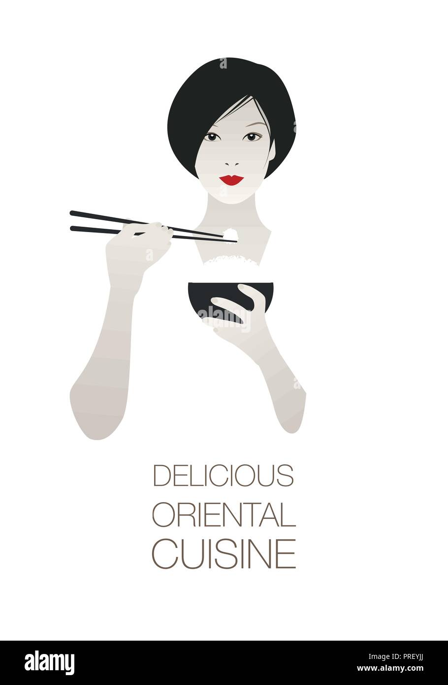 Oriental woman eating rice. Vector illustration Stock Vector Image ...