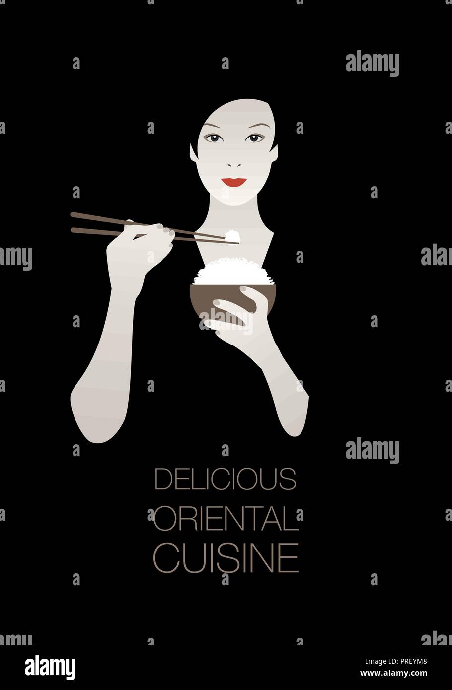 Oriental woman eating rice. Vector illustration Stock Vector Image ...