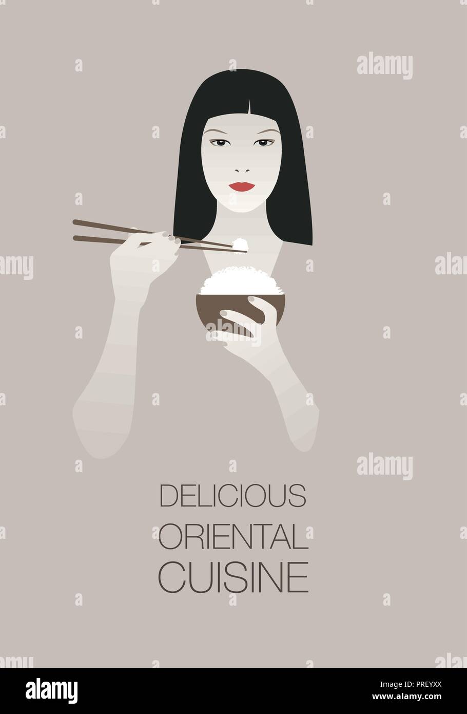 Oriental woman eating rice. Vector illustration Stock Vector Image ...