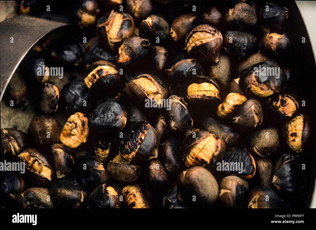 roasted fresh chestnuts in a pan over a fire by a street vendor in Rome ...