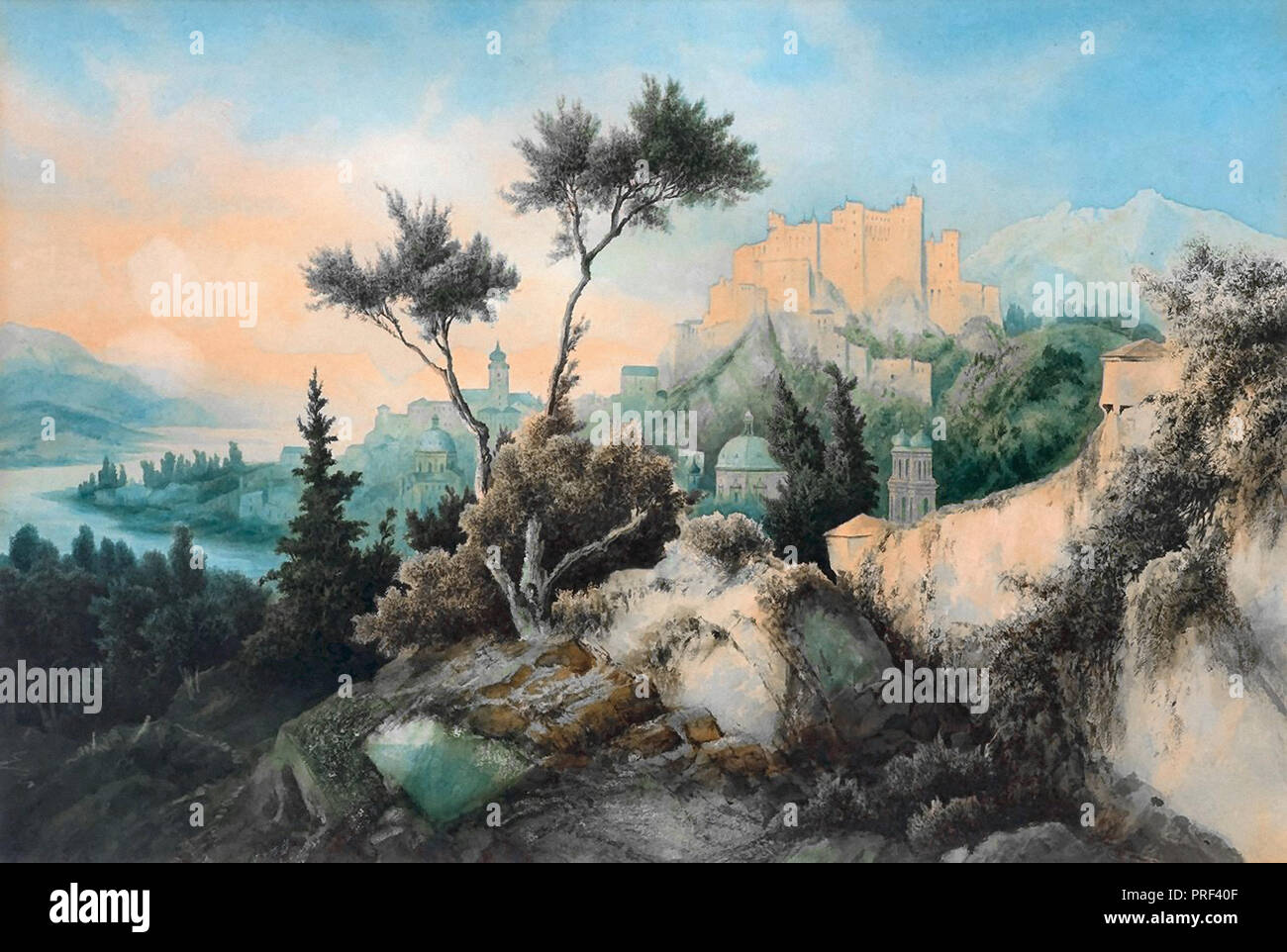 Calame Alexandre - a Southern Landscape with a Castle Above a City on a ...