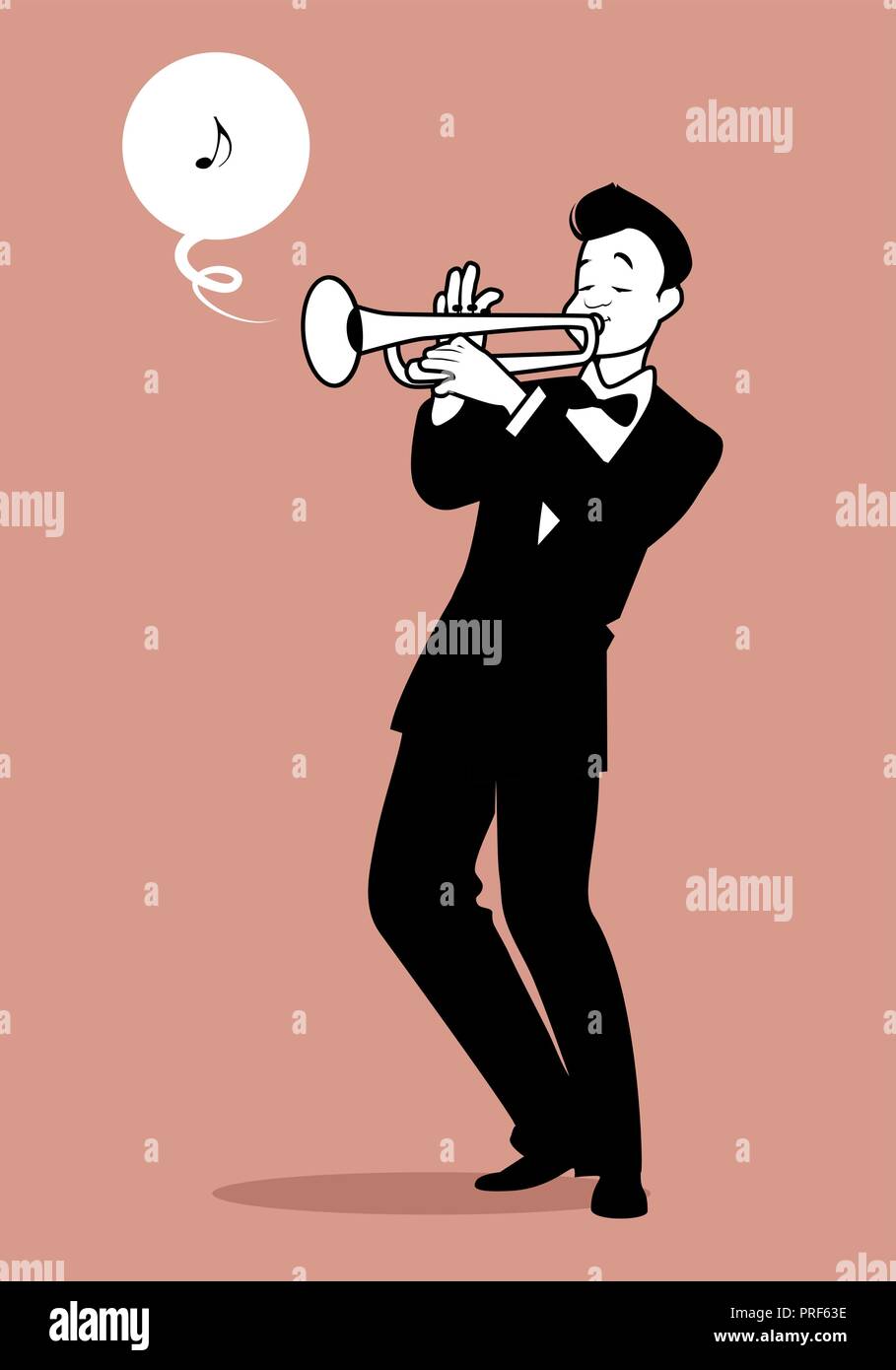 Retro cartoon music. Trumpeter playing a song. Musical note Stock ...