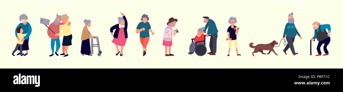 Crowd of elderly people. Senior outdoor activities. Old men and women ...