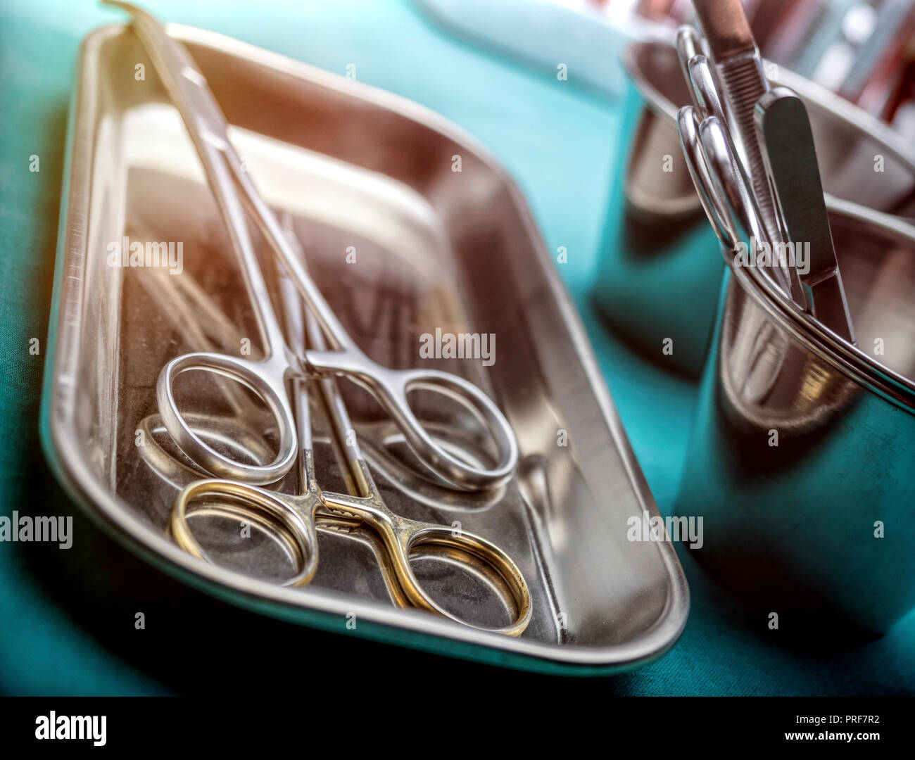 Some scissors for surgery on a tray in an operating theater, conceptual ...