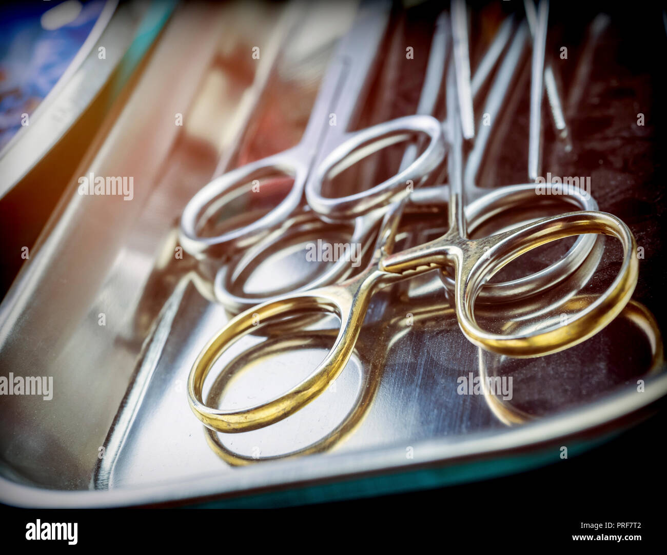 Some scissors for surgery on a tray in an operating theater, conceptual ...